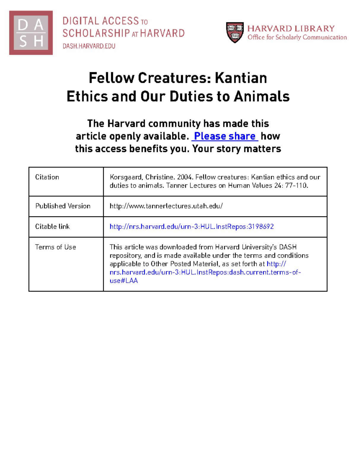 Seminar 1 Korsgaard - Fellow Creatures: Kantian Ethics and Our Duties ...