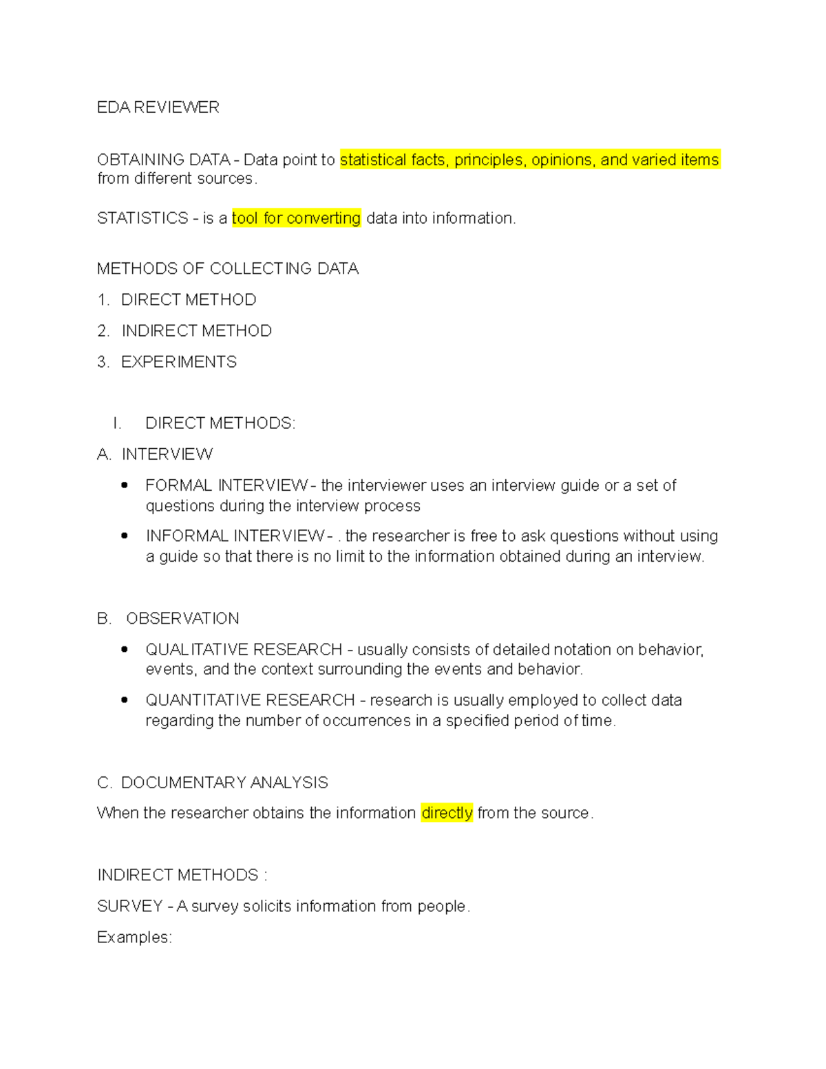 EDA- Reviewer - EDA REVIEWER OBTAINING DATA - Data point to statistical facts, principles ...