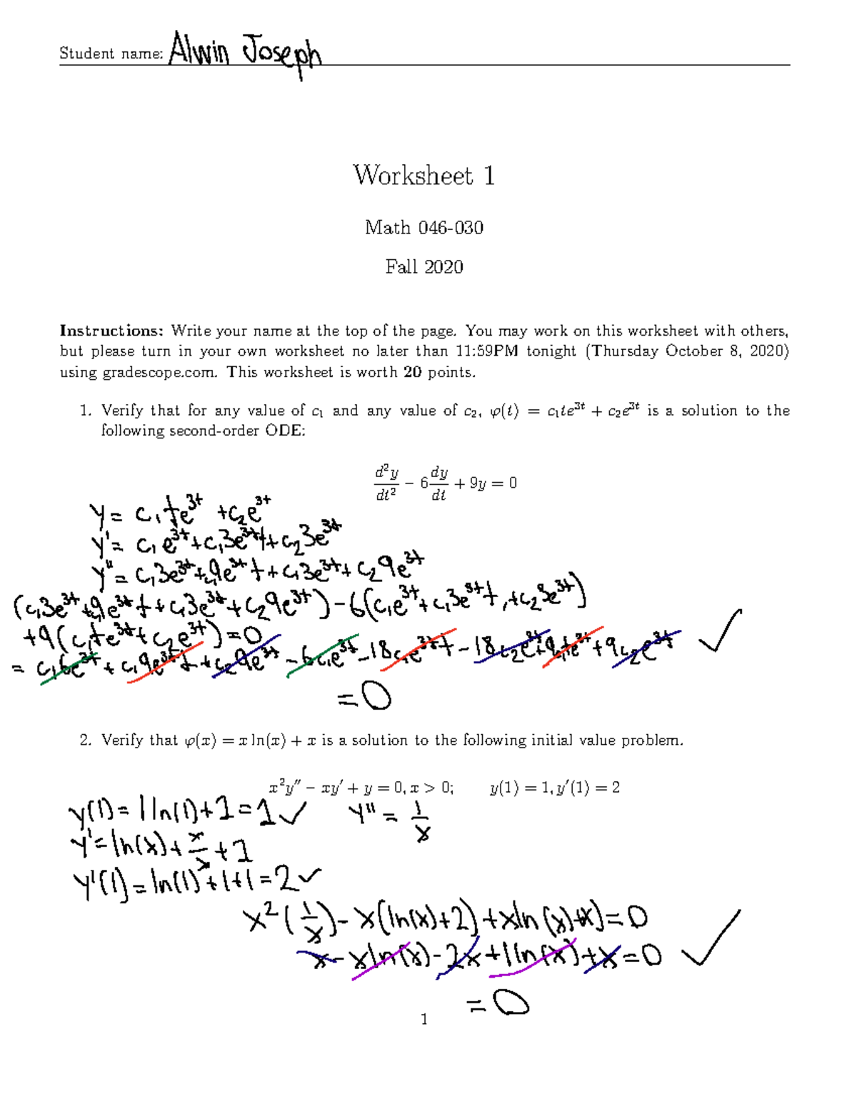 Diff EQ Worksheet 2 - Student name: Worksheet 1 Math 046- Fall 2020 ...