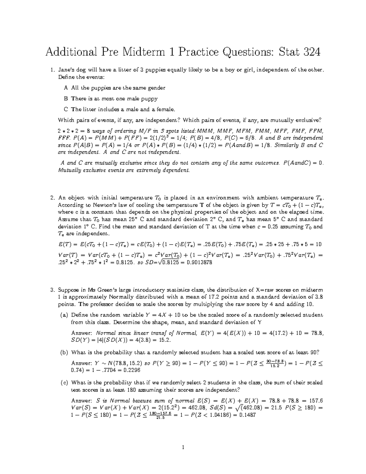 Extra Pre Mid 1Practice Soln - Additional Pre Midterm 1 Practice Questions: Stat 324 1’s dog ...
