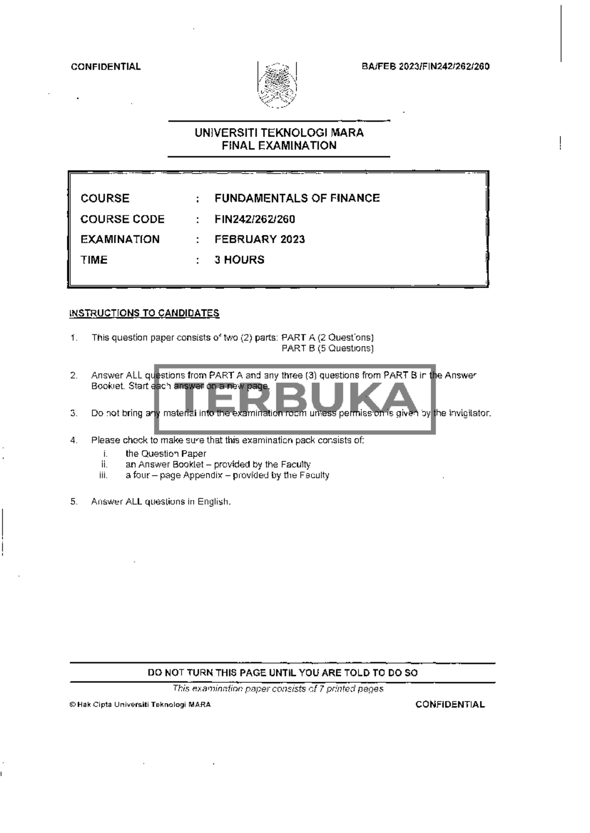 FIN242 - FINAL EXAM - CONFIDENTIAL JSR) BA/FEB 2023/FIN242/262 ...