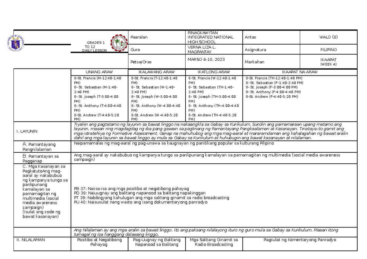 DLL FIL 8 3RD wk4 - makakatulong sa mga gurong nagtuturo ng asignaturang filipino - GRADES 1 TO ...