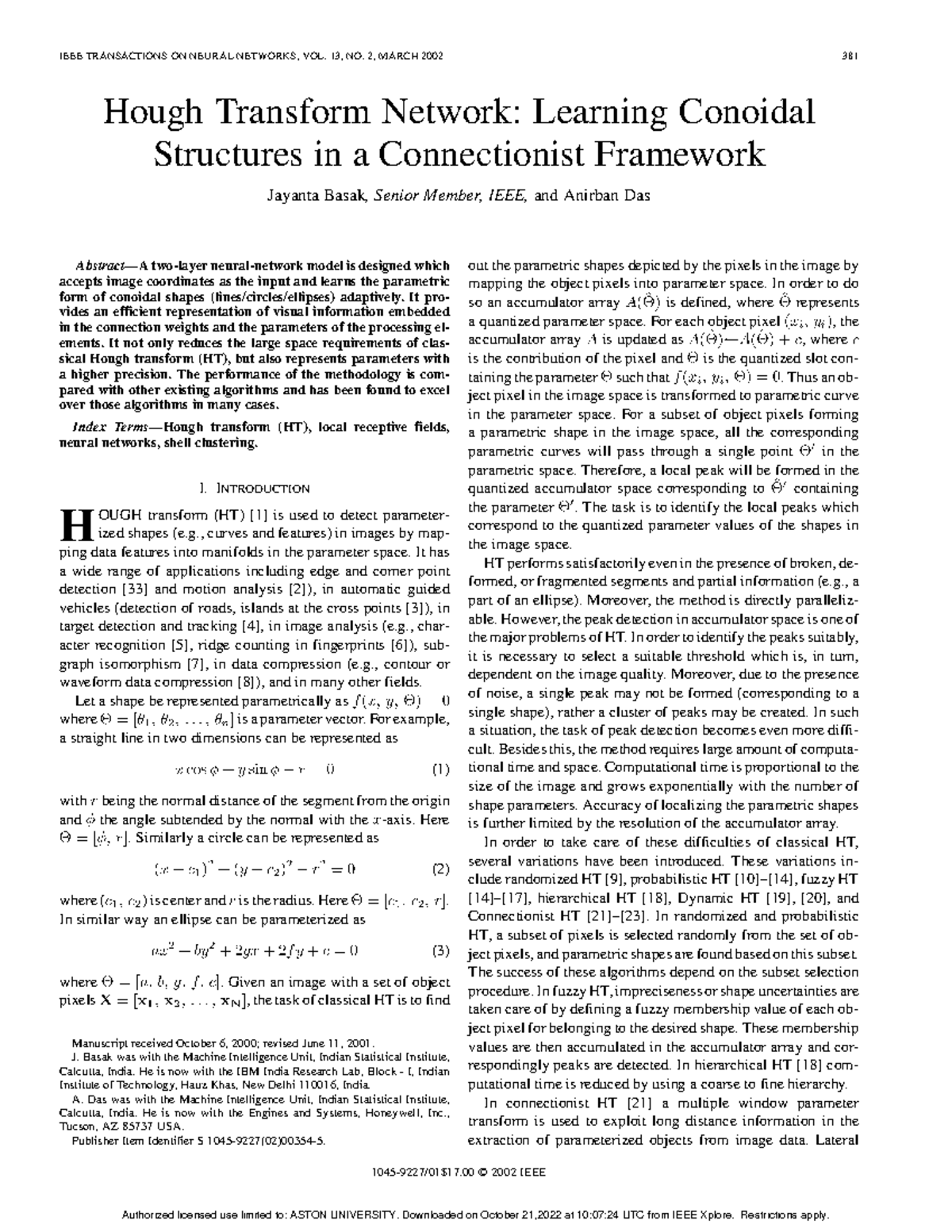 Hough transform network learning conoidal structures in a connectionist framework - IEEE - Studocu