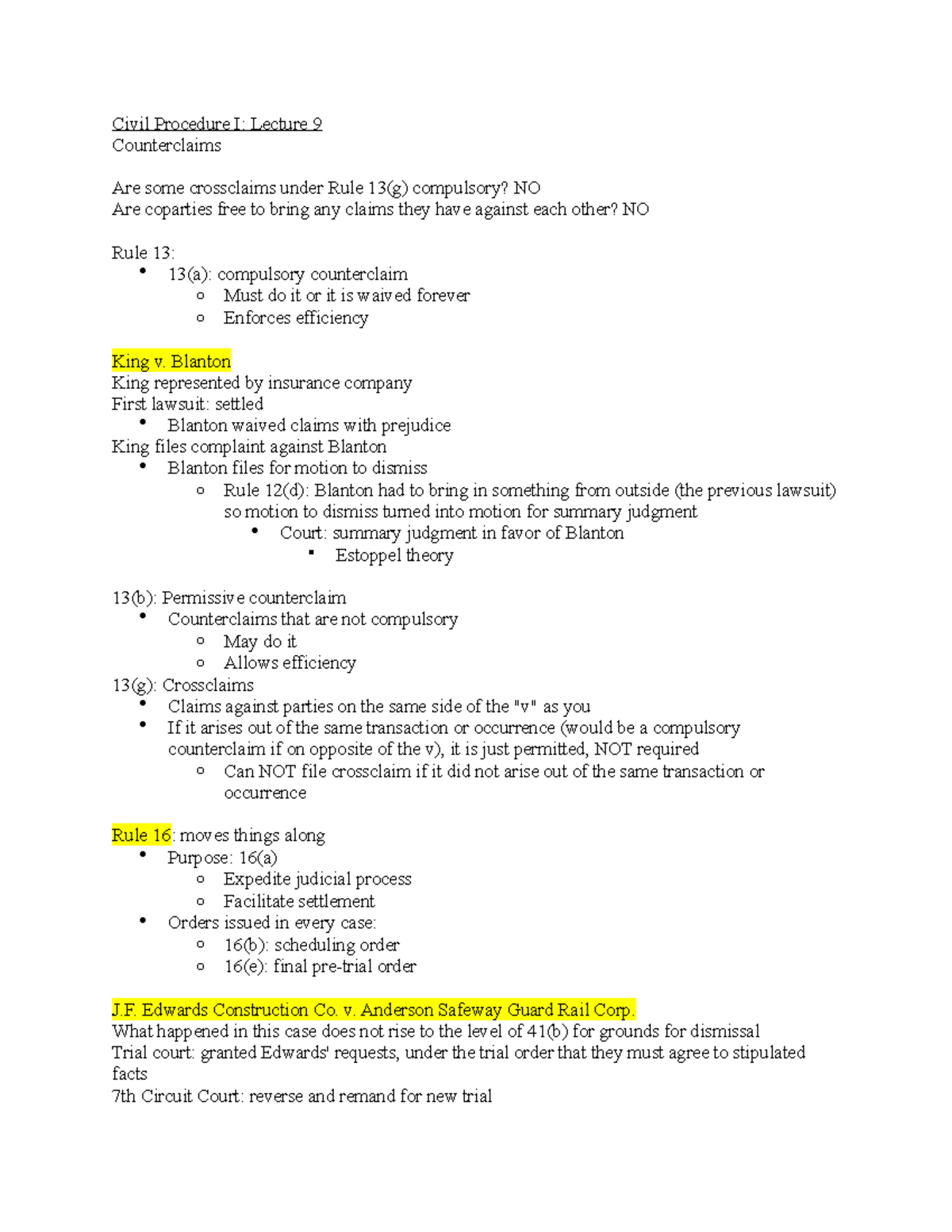 Civil Procedure I- Lecture 9 - Blanton King represented by insurance ...
