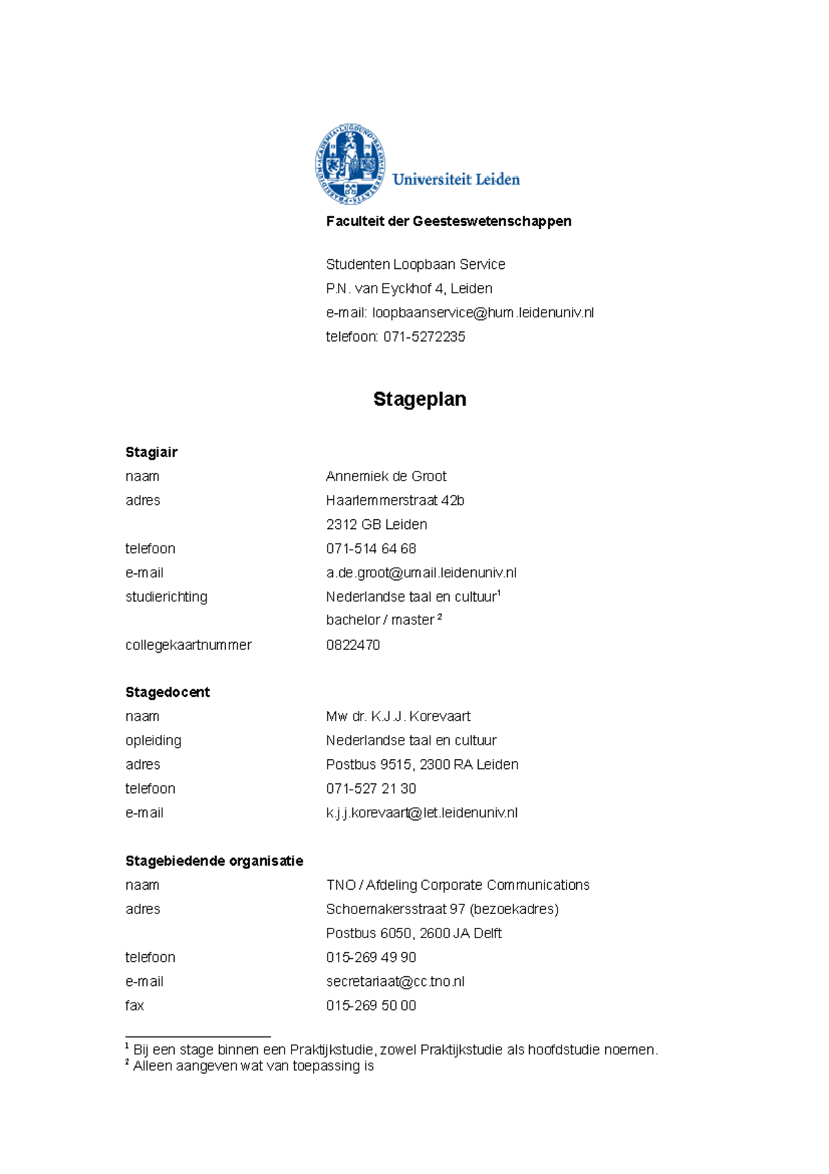 Voorbeeld-stageplan - Faculteit der Geesteswetenschappen Studenten ...