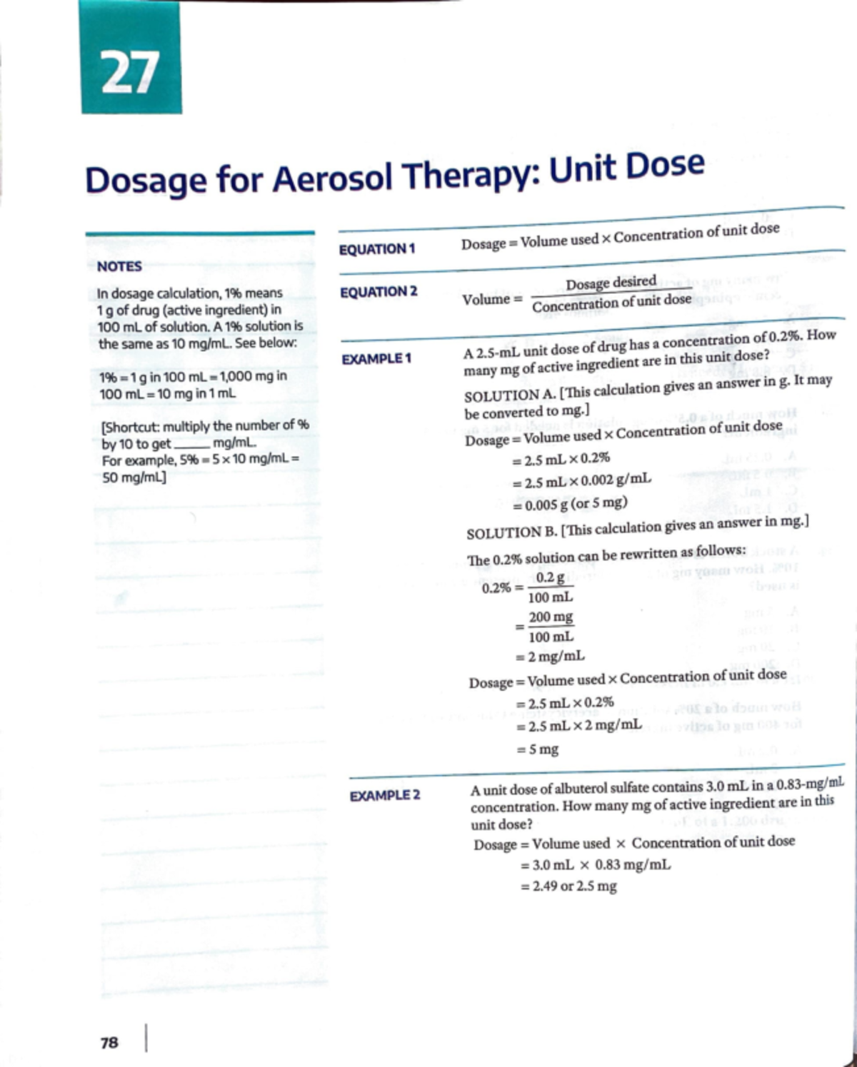 Dosage and Volume Calculations Worksheet part 2 - Dosage for Aerosol ...