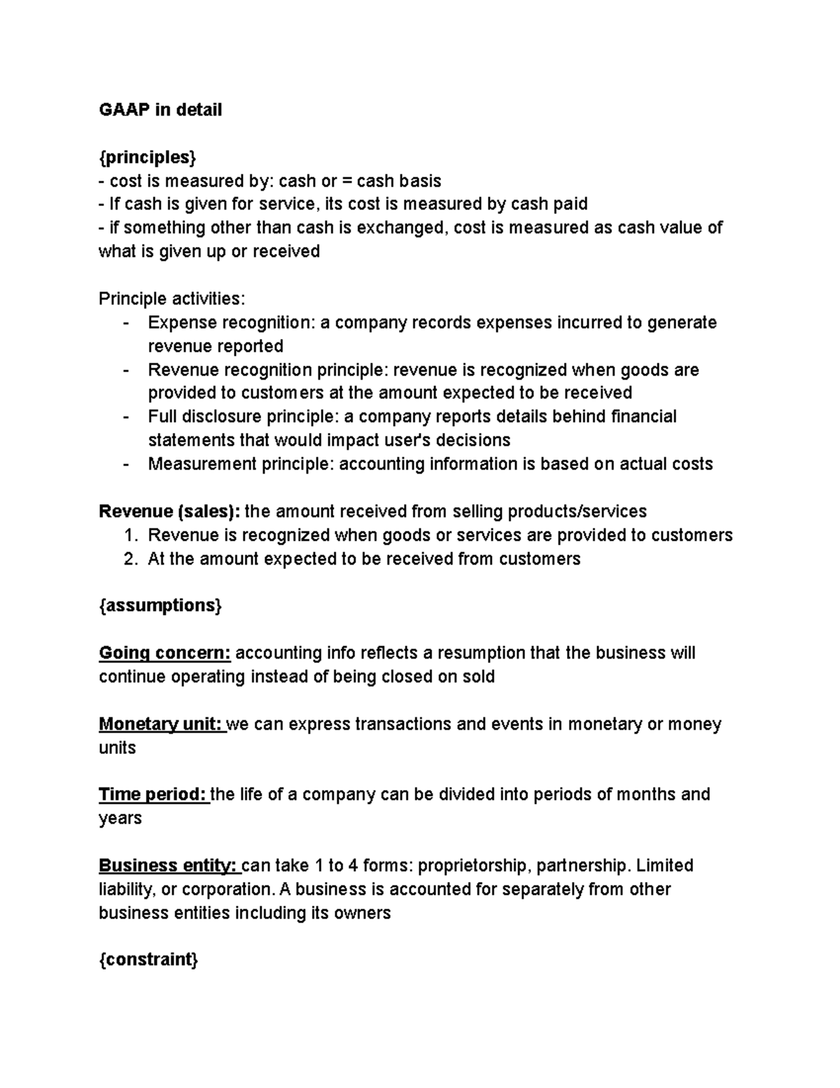 Accounting pt. 3 - notes - GAAP in detail {principles} cost is measured ...