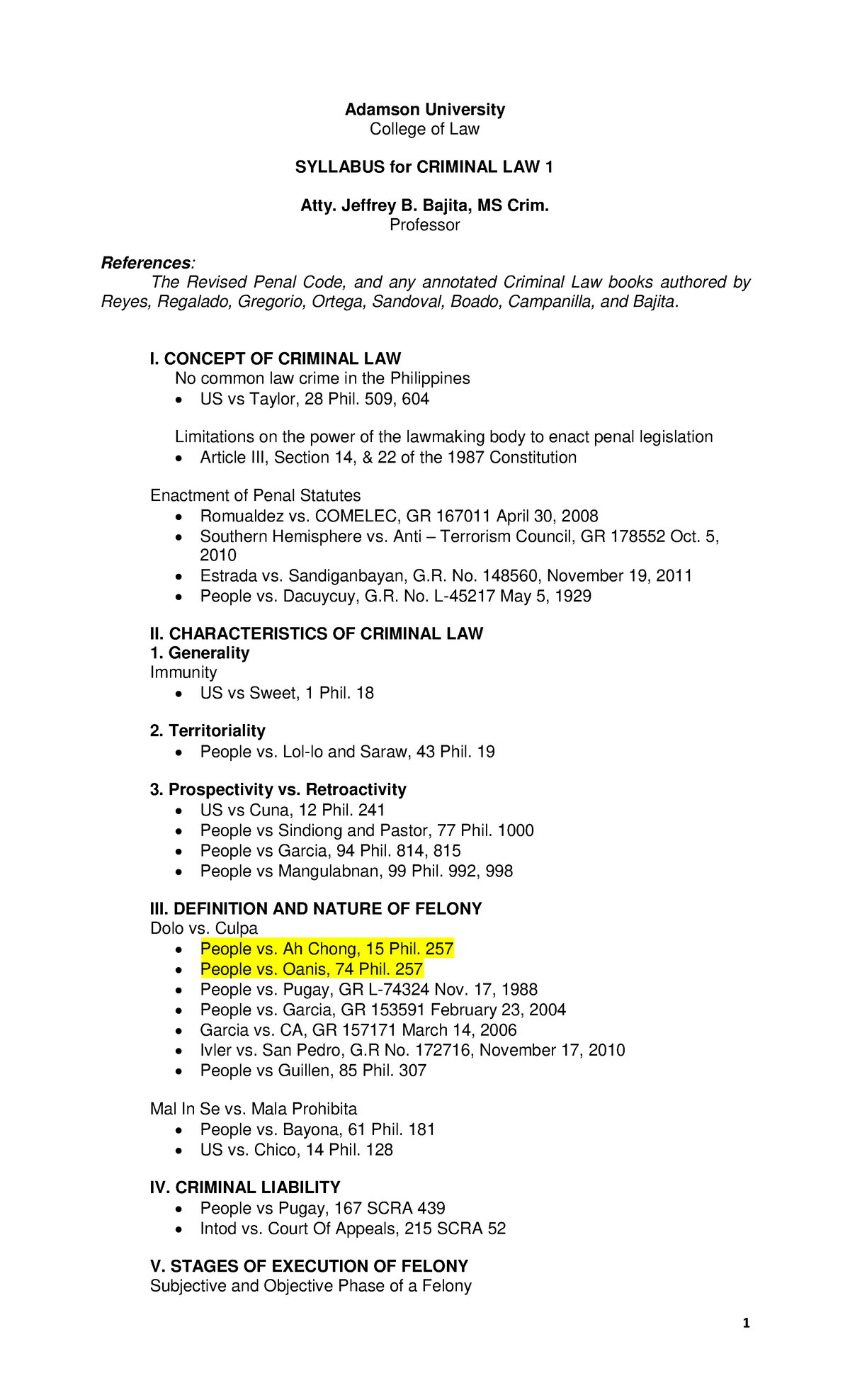 Criminal Law 1 Bajita - Adamson University College of Law SYLLABUS for ...