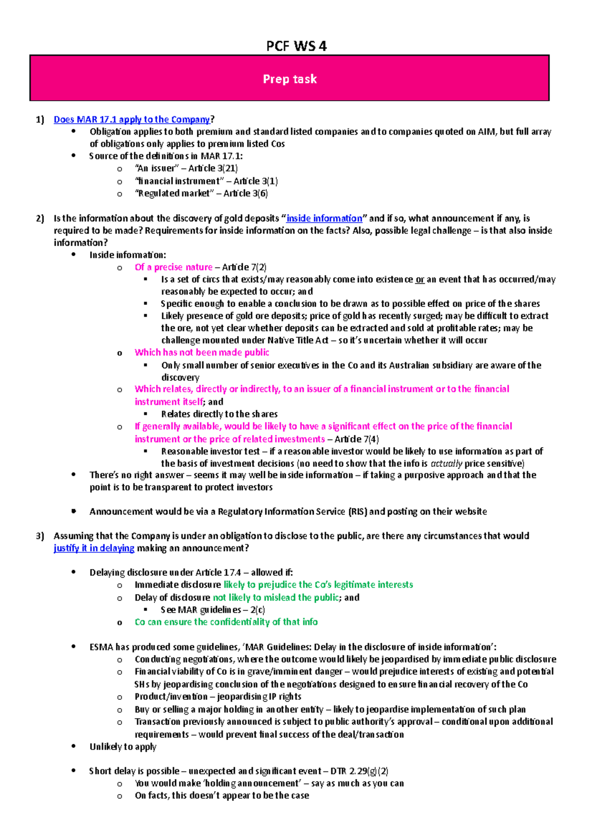 PCF-WS-4 - PCF-WS-4 - PCF WS 4 Prep task 1) Does MAR 17 apply to the ...