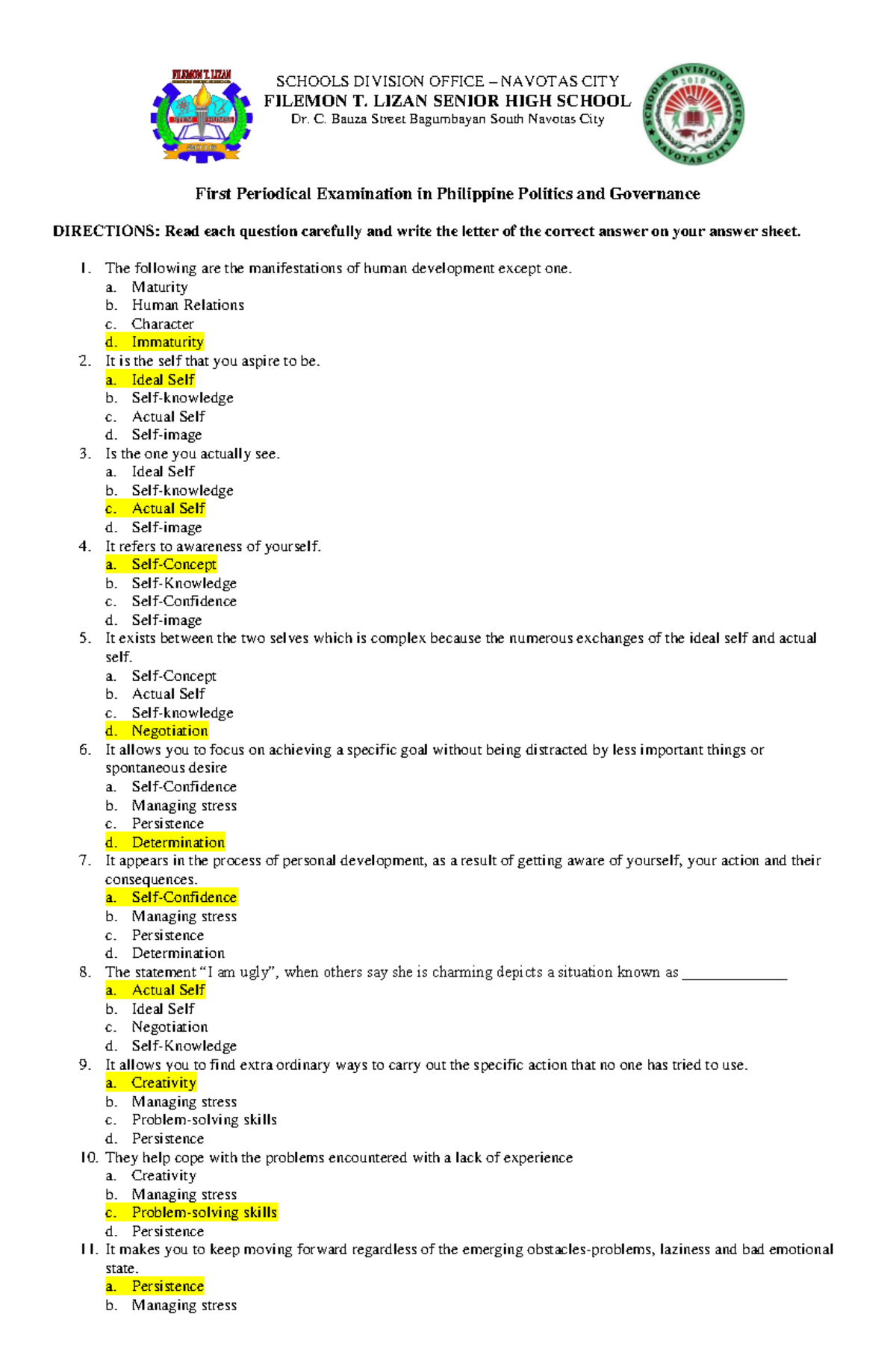 437685141 1st Quarterly Exam in Personal Development Sy 2019 2020 ...