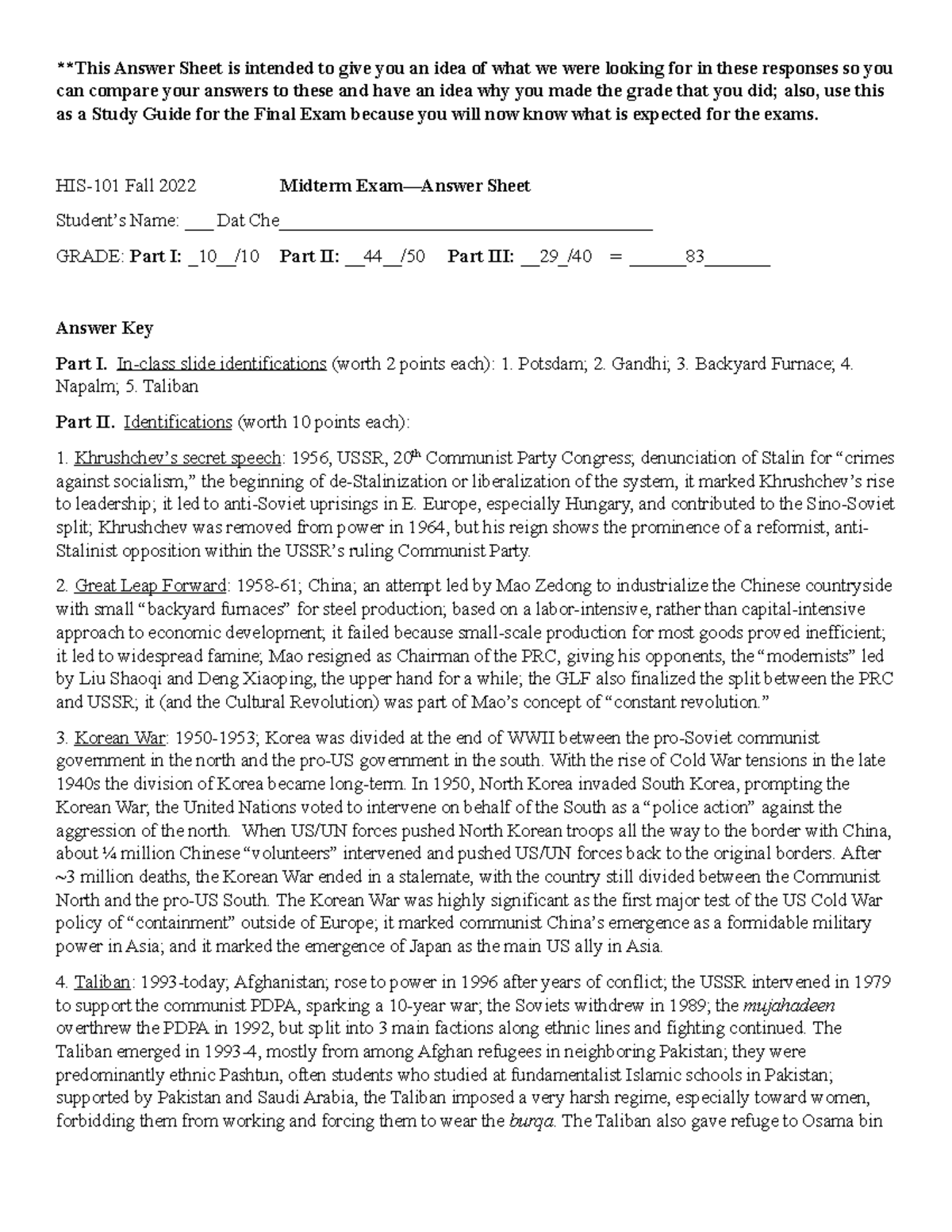 Midterm- Dat Che - **This Answer Sheet is intended to give you an idea ...