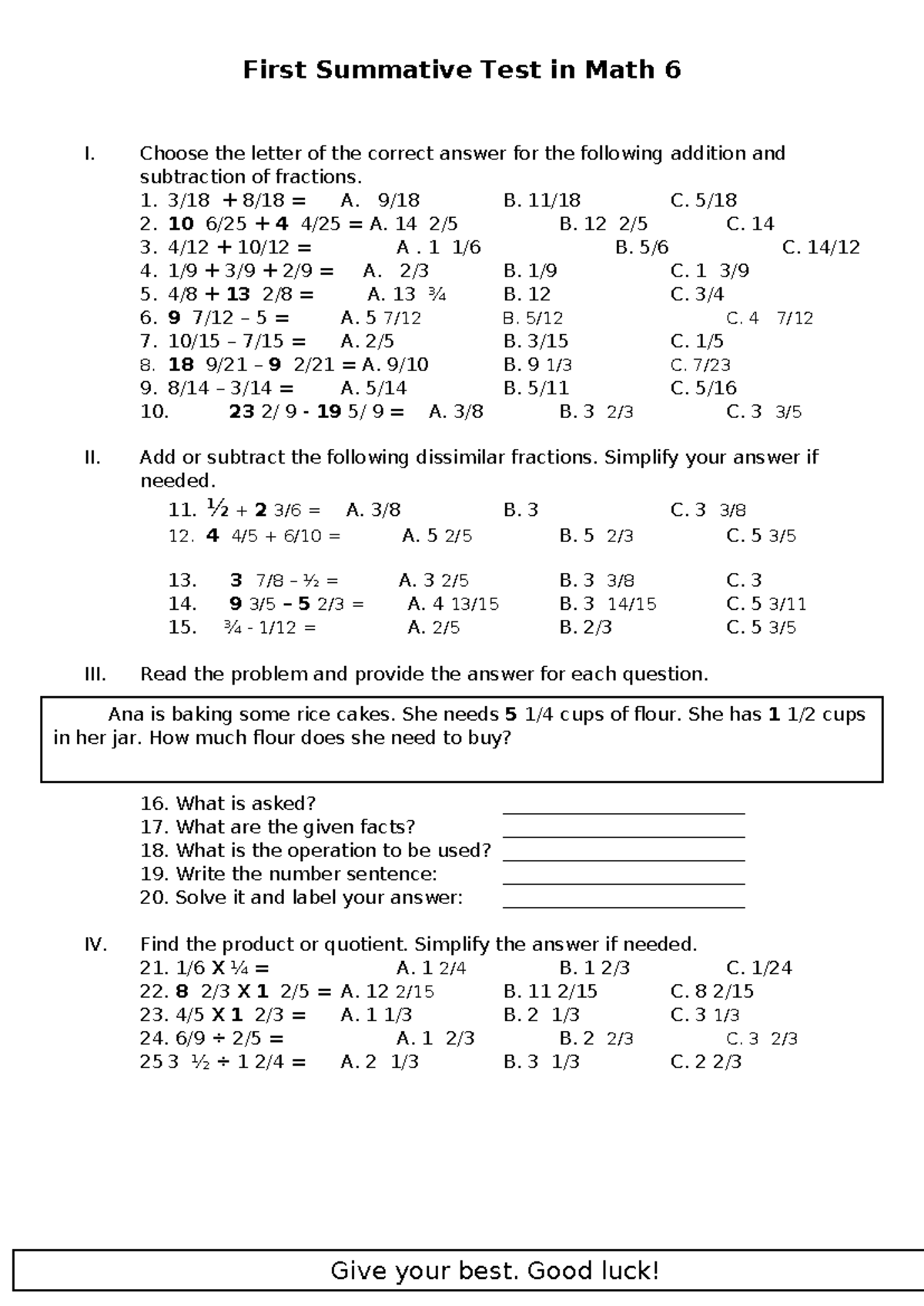 First Summative Test in Math 6 Quarter 1 - Modified - First Summative ...