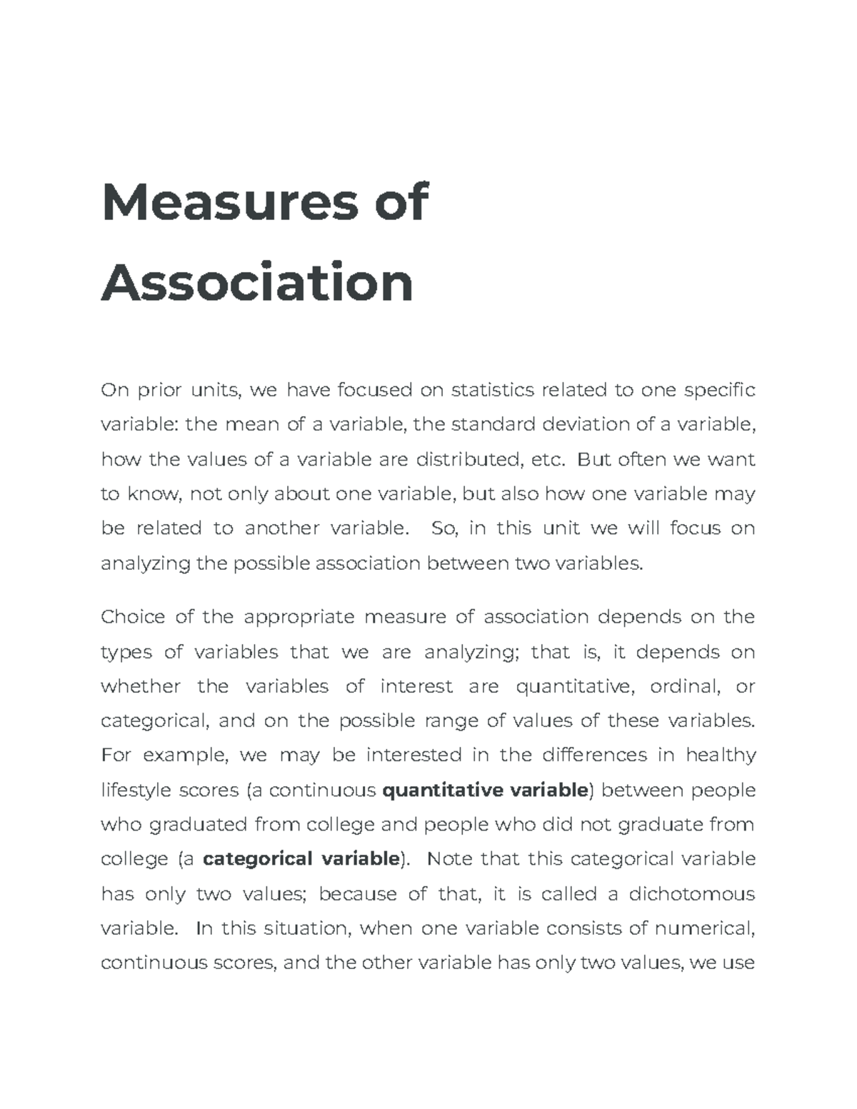 Measures of Association - Measures of Association On prior units, we ...