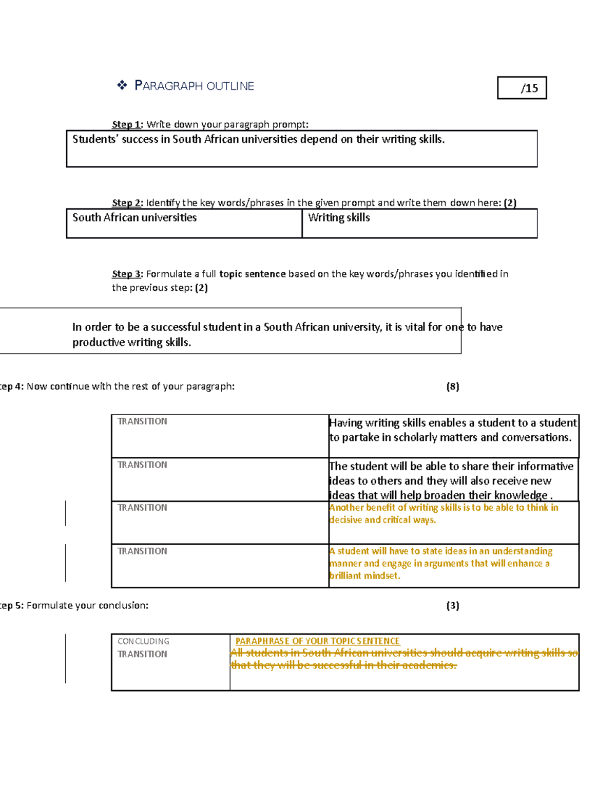 Paragraph Outline - this is a template - : Now continue with the rest ...