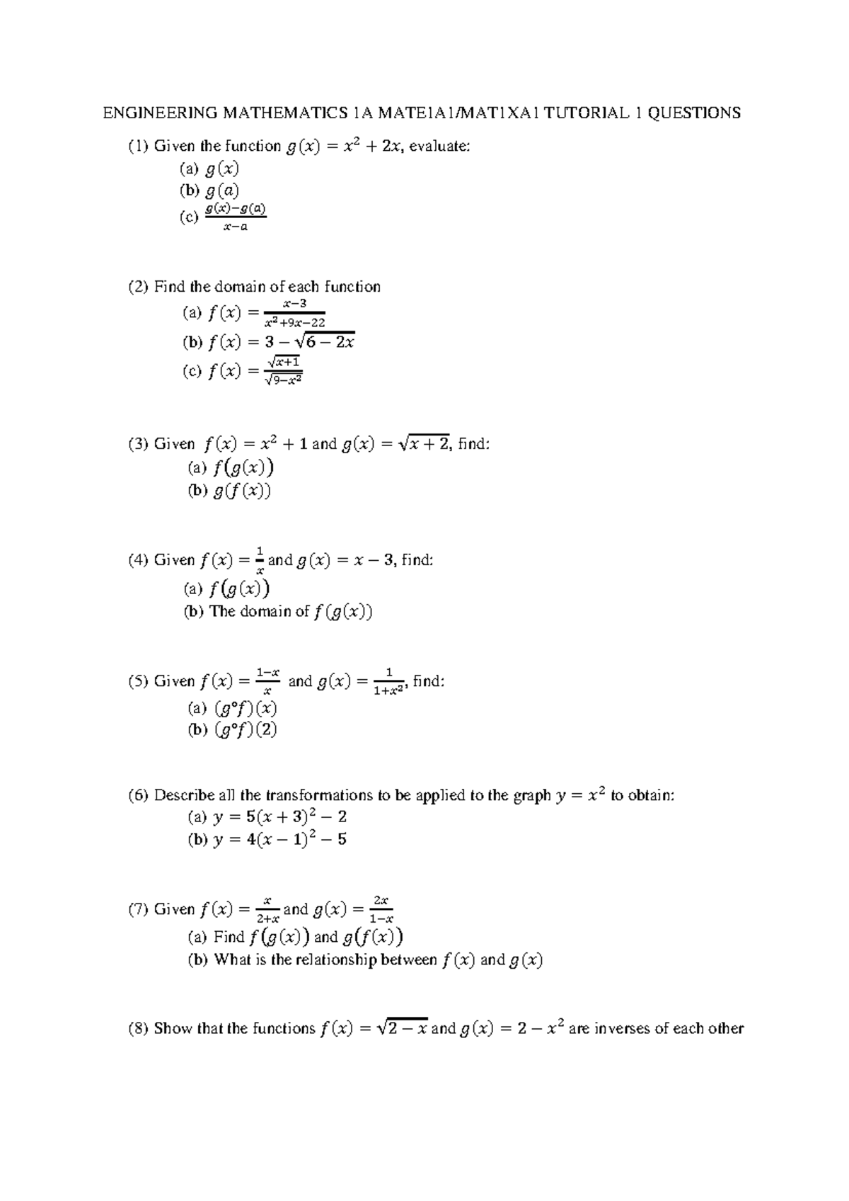 Tutorial 1 Questions - Tut work - ENGINEERING MATHEMATICS 1A MATE1A1/MAT1XA1 TUTORIAL 1 ...