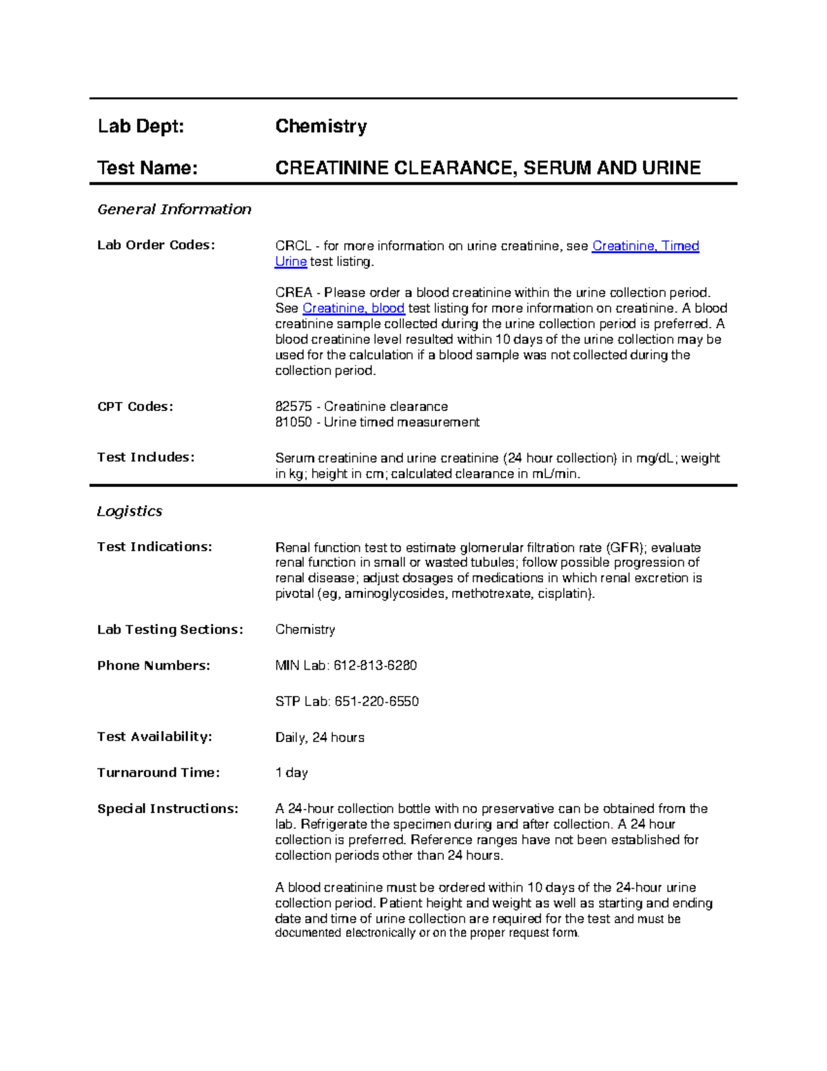 Urine lecture note creatinine clearance - Lab Dept: Chemistry Test Name ...