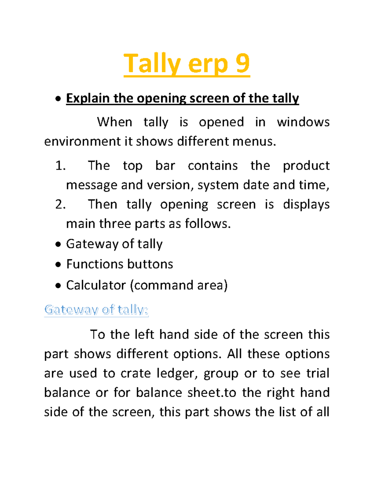 Tally erp 9 2 - Tally erp 9 Explain the opening screen of the tally ...