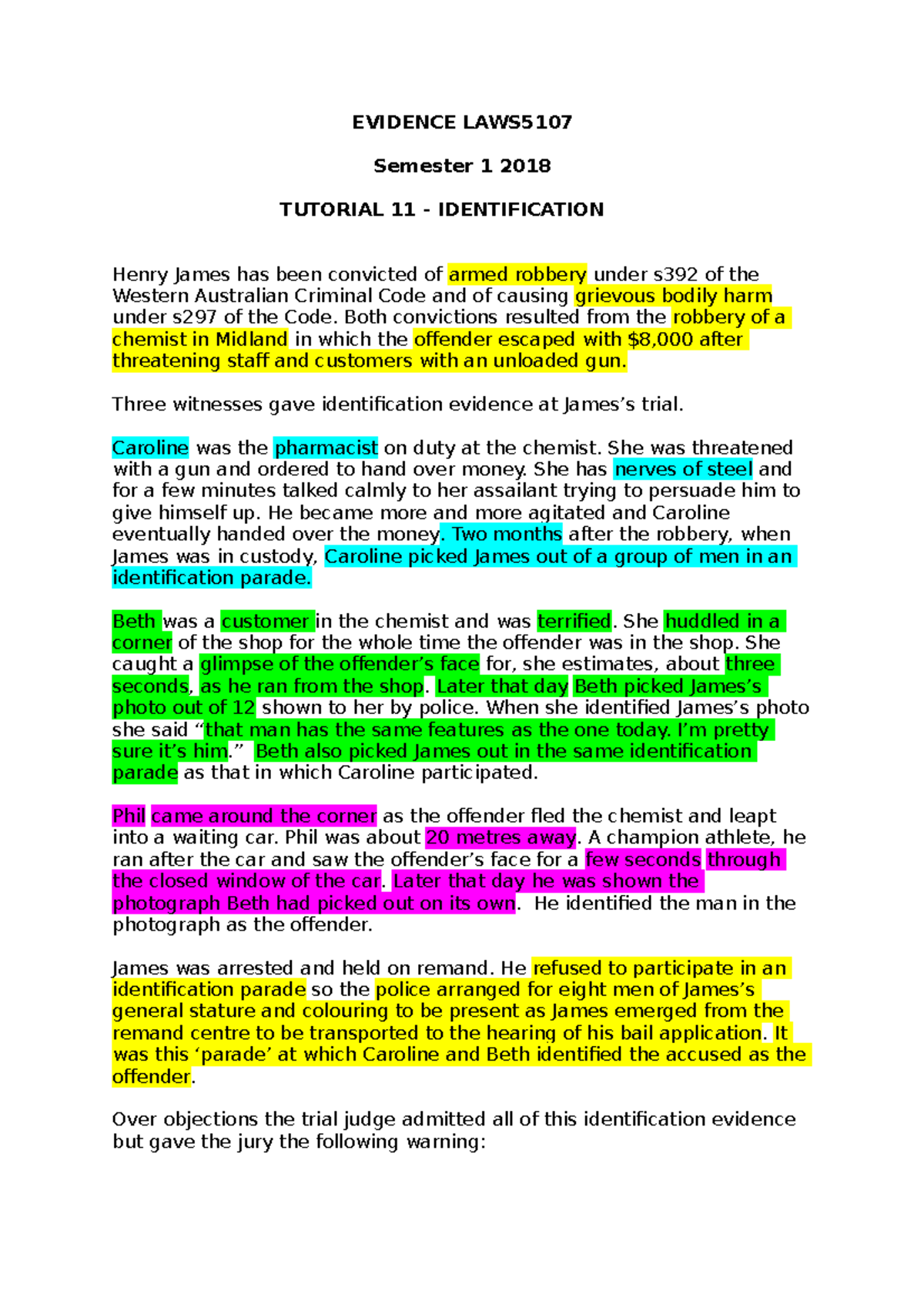 Evidence - Tutorial 11 - Identification Evidence - EVIDENCE LAWS ...