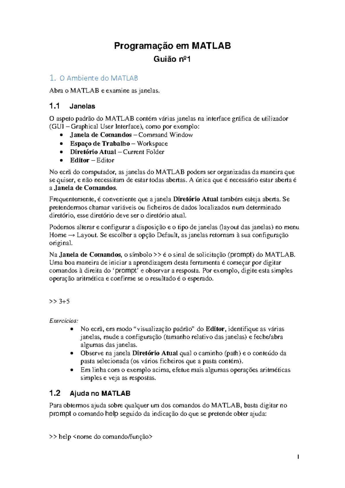P MAT Guião 1 23 24 V2 - Programação em MATLAB Guião nº 1. O Ambiente ...