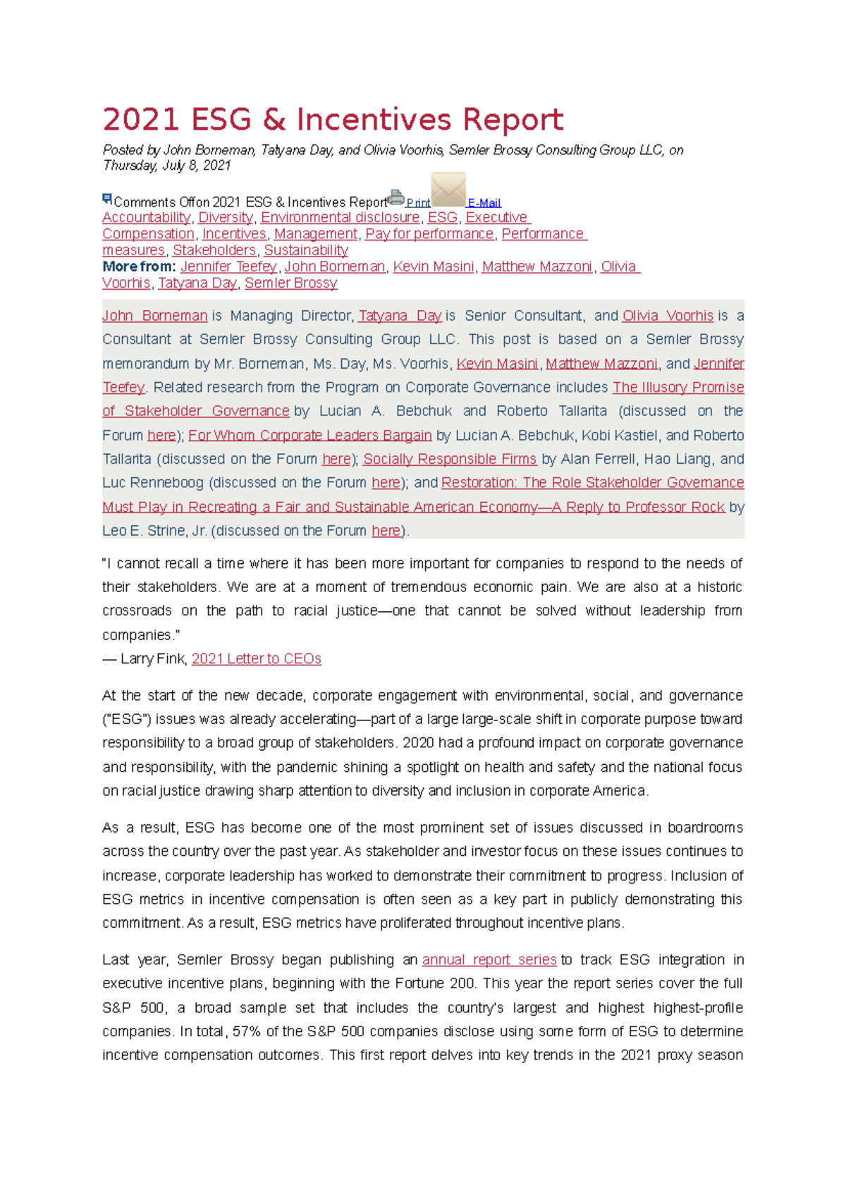 2021 ESG - bbb - 2021 ESG & Incentives Report Posted by John Borneman, Tatyana Day, and Olivia ...