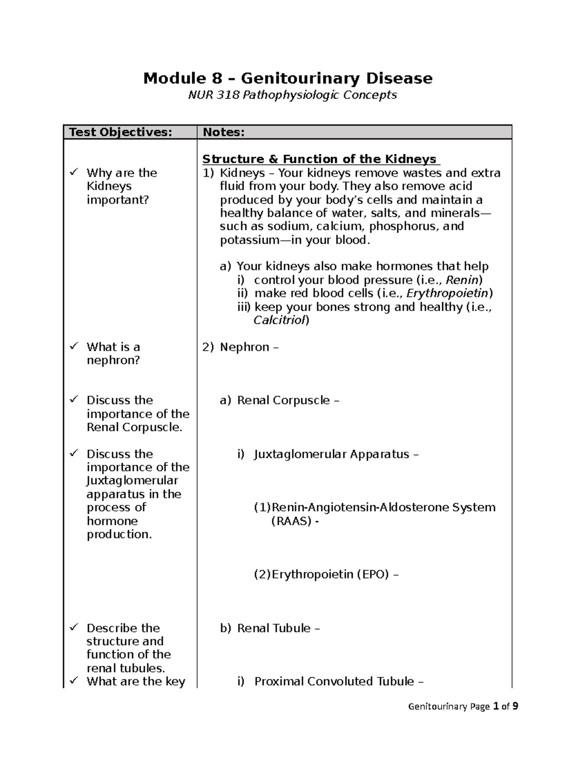 01 - GU Study Guide-1 - Module 8 – Genitourinary Disease NUR 318 ...