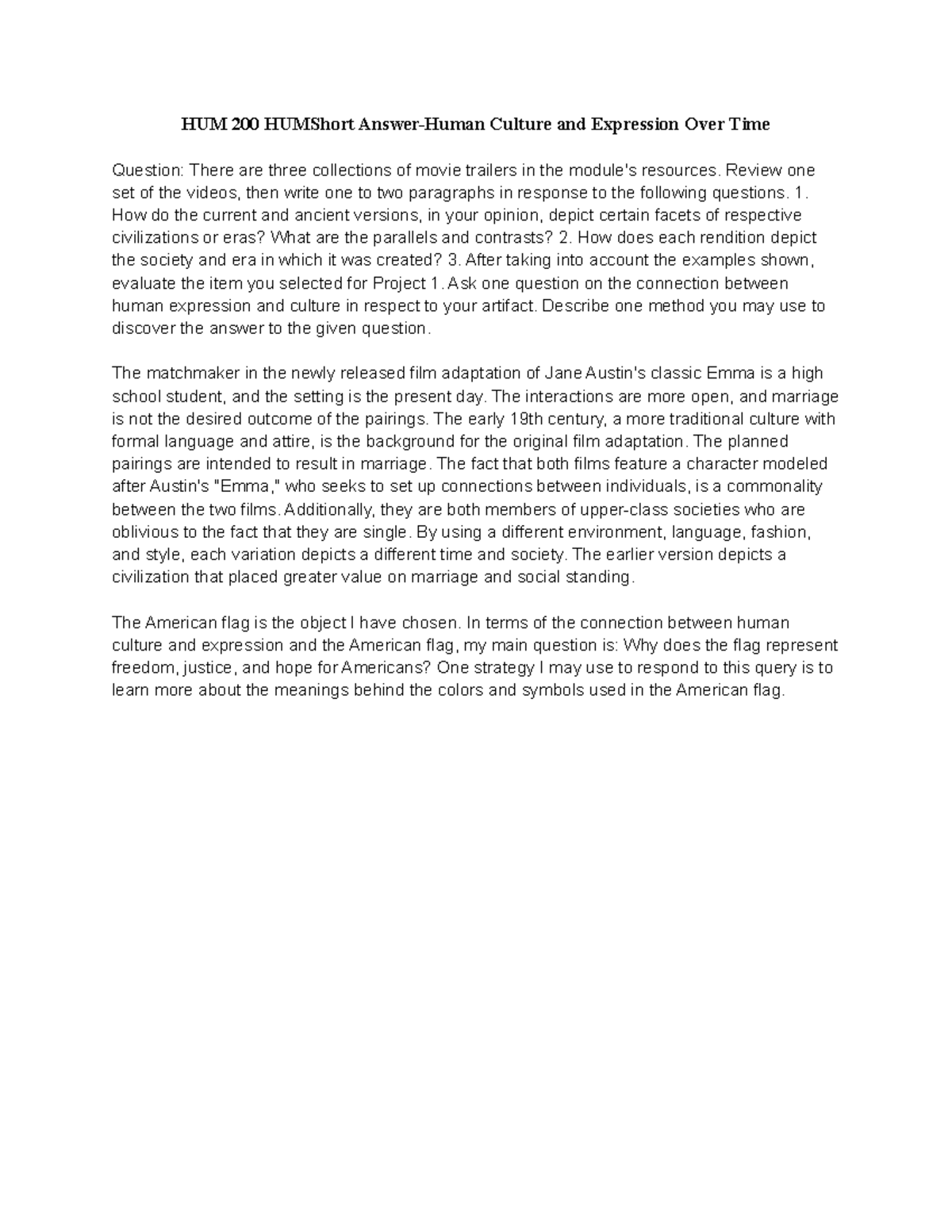 HUM 200 HUMShort Answer-Human Culture and Expression Over Time - Review ...