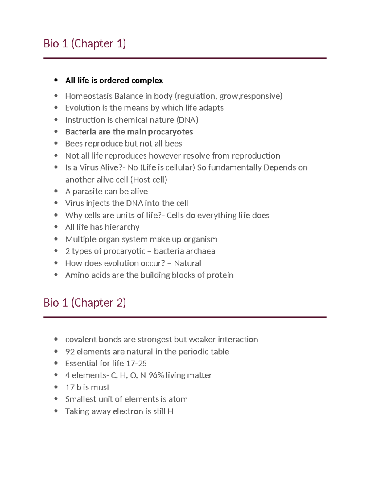 Bio 1 - Chapter 1 2 and 3 - Bio 1 (Chapter 1) All life is ordered ...