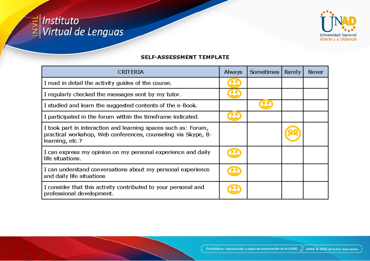 Annex 4- Self assessment - SELF-ASSESSMENT TEMPLATE CRITERIA Always ...