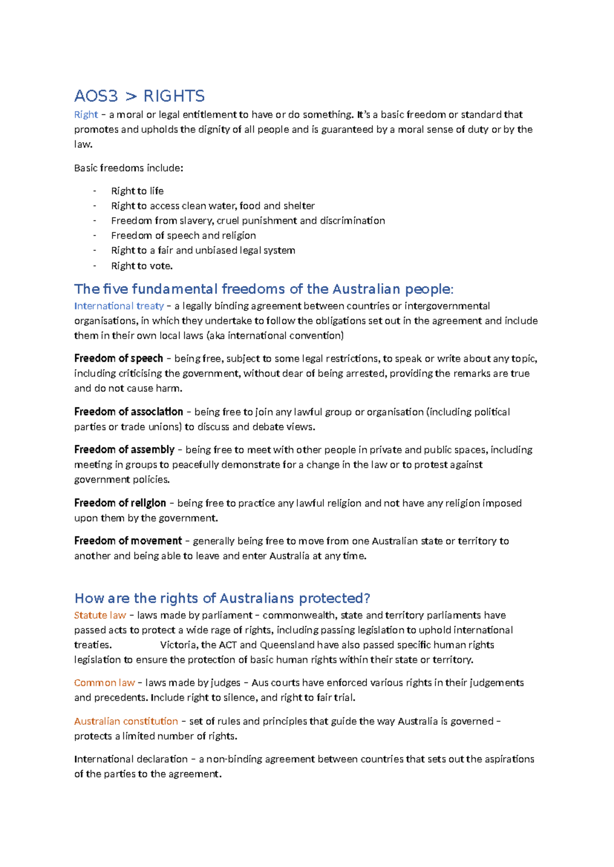 LEG Unit 2 AOS3 notes - AOS3 > RIGHTS Right – a moral or legal ...