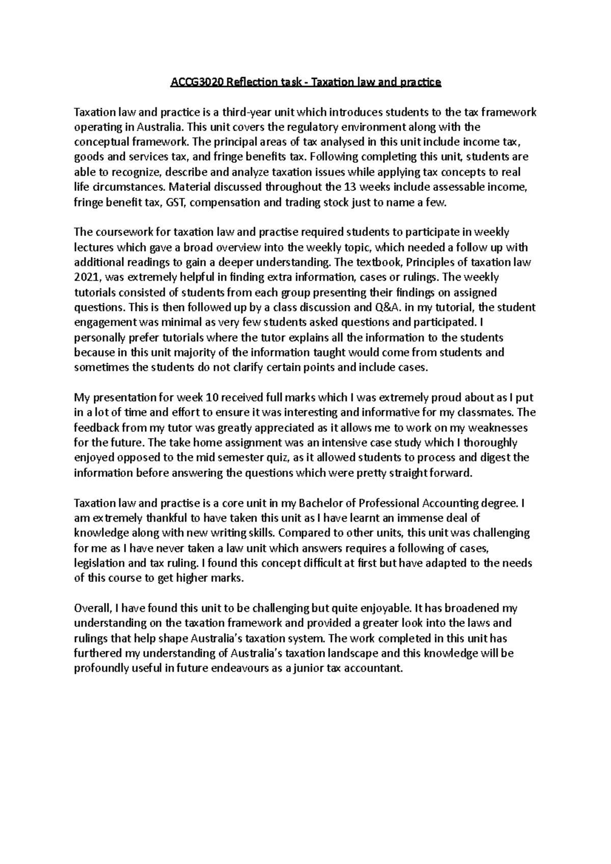 ACCG3020 Reflection task - taxation law and practice - ACCG3020 - MQ ...