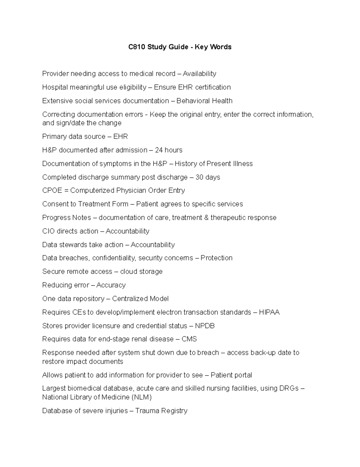 C810 Study Guide Key Wordsbb - C810 Study Guide - Key Words Provider ...