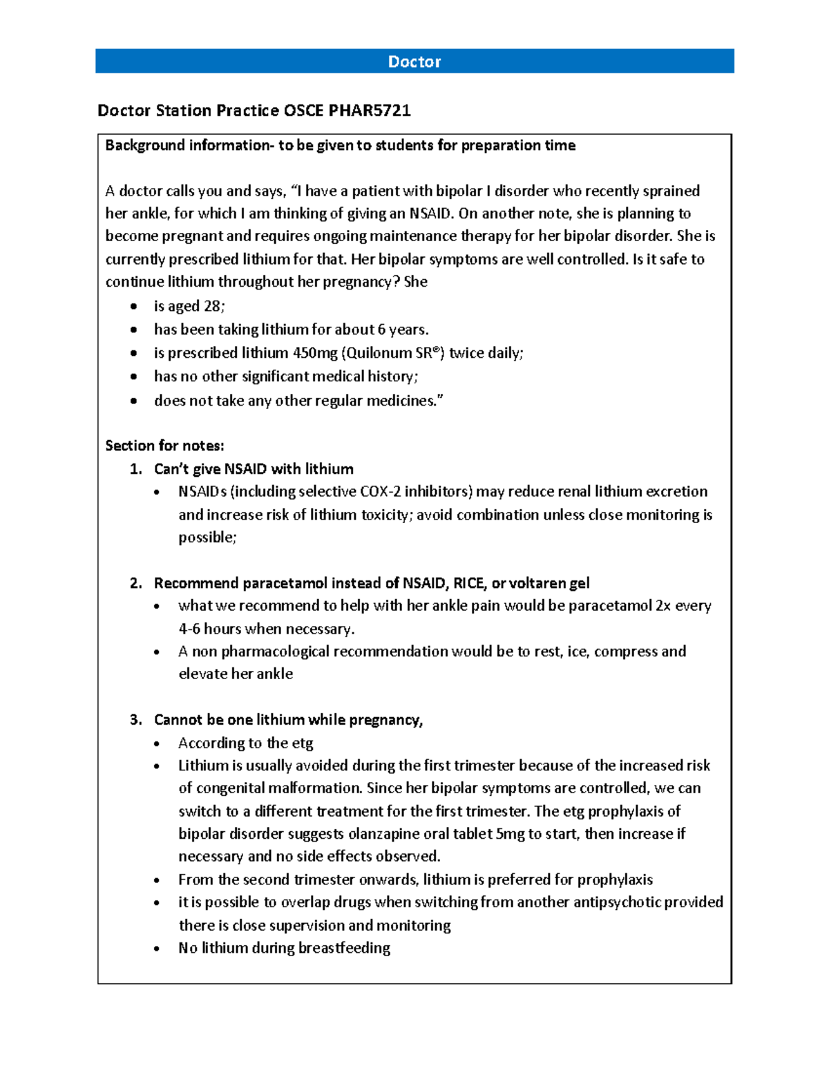 PHAR5721 Doctor Practice OSCE Prep Sheet - Doctor Doctor Station ...