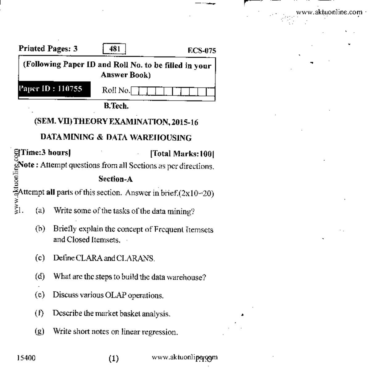 (2015-16) DWDM (ECS-075) - r Printed Pages: 3 ECS- Tech. (sEM. VIf ...