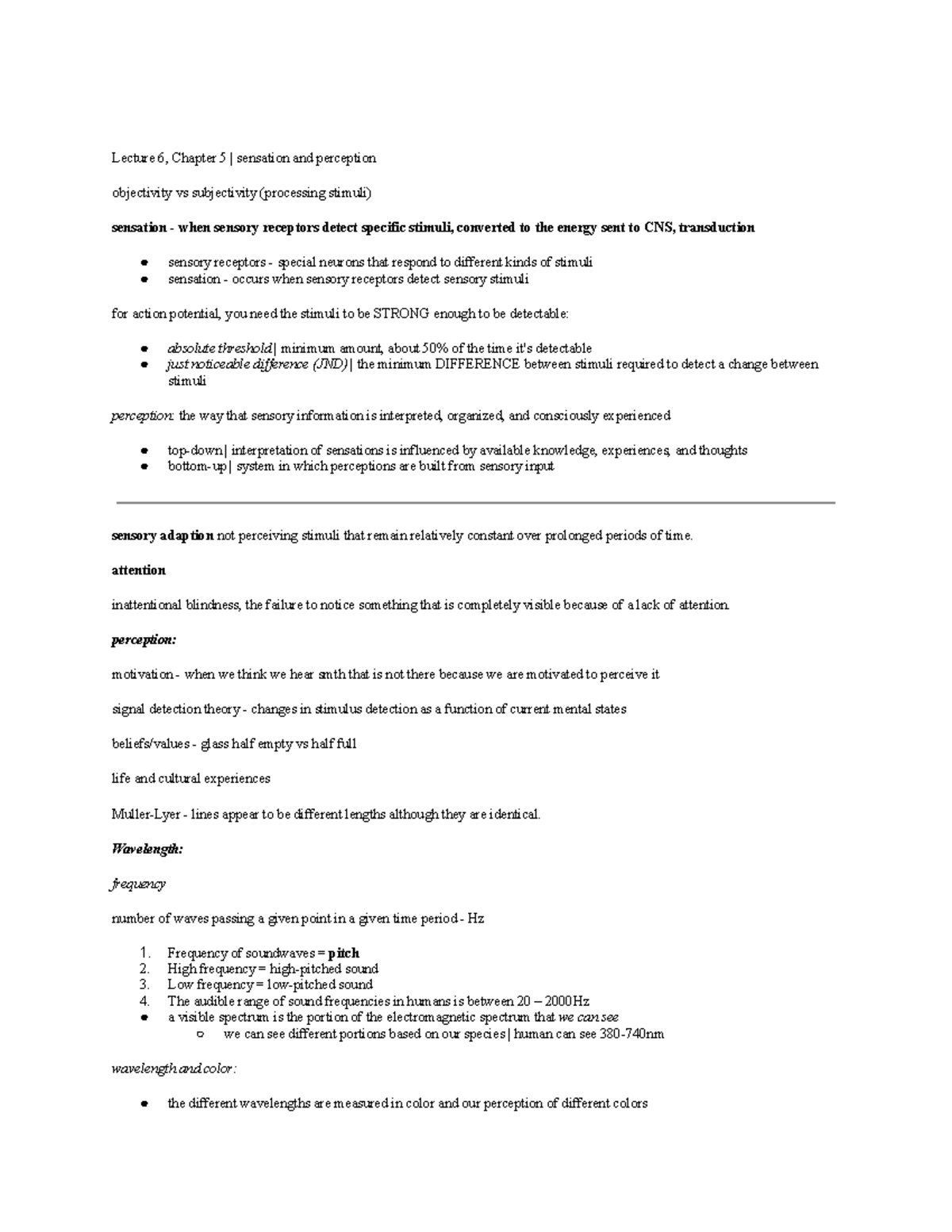 Lecture 6 & 7 Chapter 6 - bio notes - Lecture 6, Chapter 5 | sensation ...