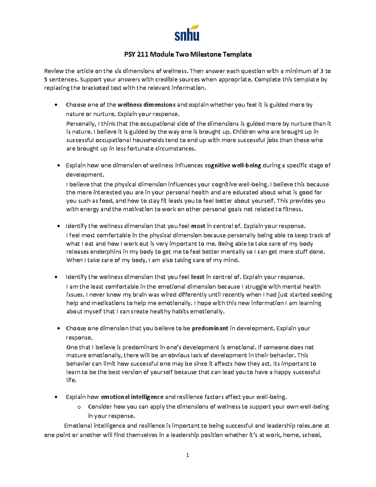PSY 211 Module Two Milestone Template - 1 PSY 211 Module Two Milestone Template Review the ...