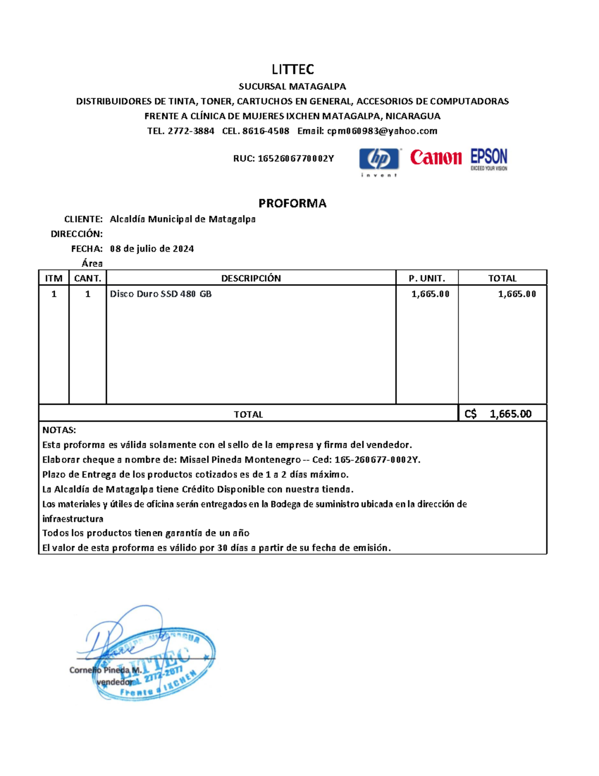 Proforma de Disco SSD 480GB - LITTEC SUCURSAL MATAGALPA DISTRIBUIDORES DE TINTA, TONER ...