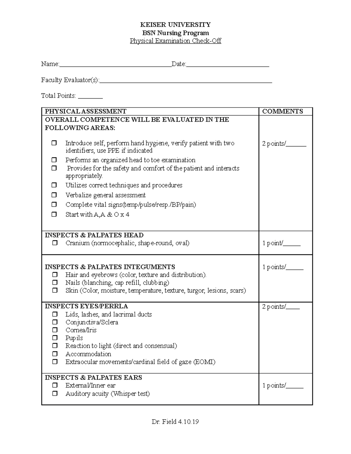 Physical Assessment Check List - KEISER UNIVERSITY BSN Nursing Program ...