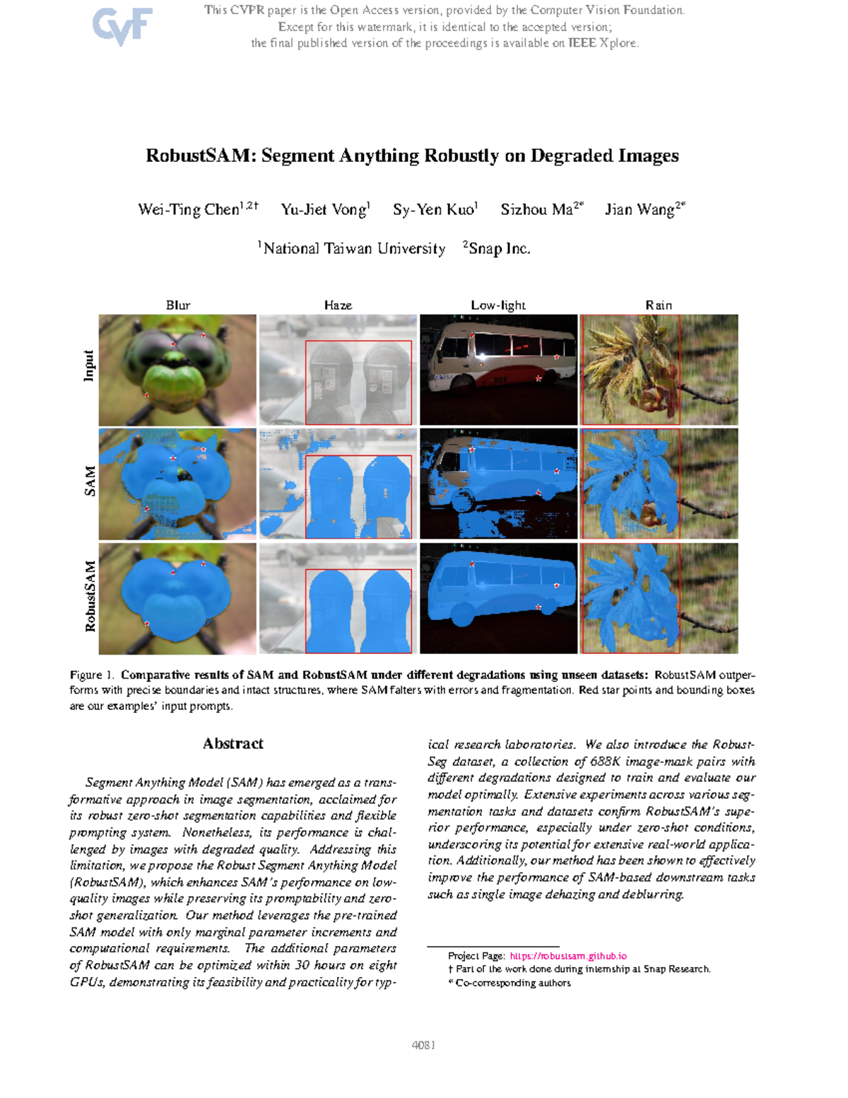 Chen Robust SAM Segment Anything Robustly on Degraded Images CVPR 2024 paper - RobustSAM ...