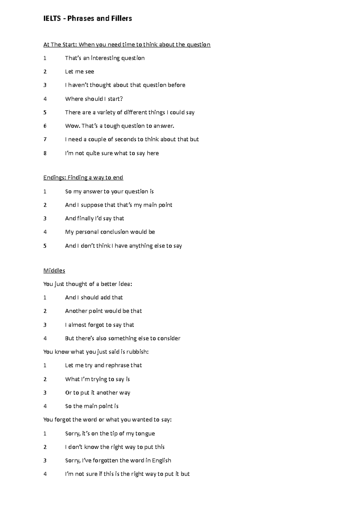 Ielts Phrases and Fillers - IELTS - Phrases and Fillers At The Start ...