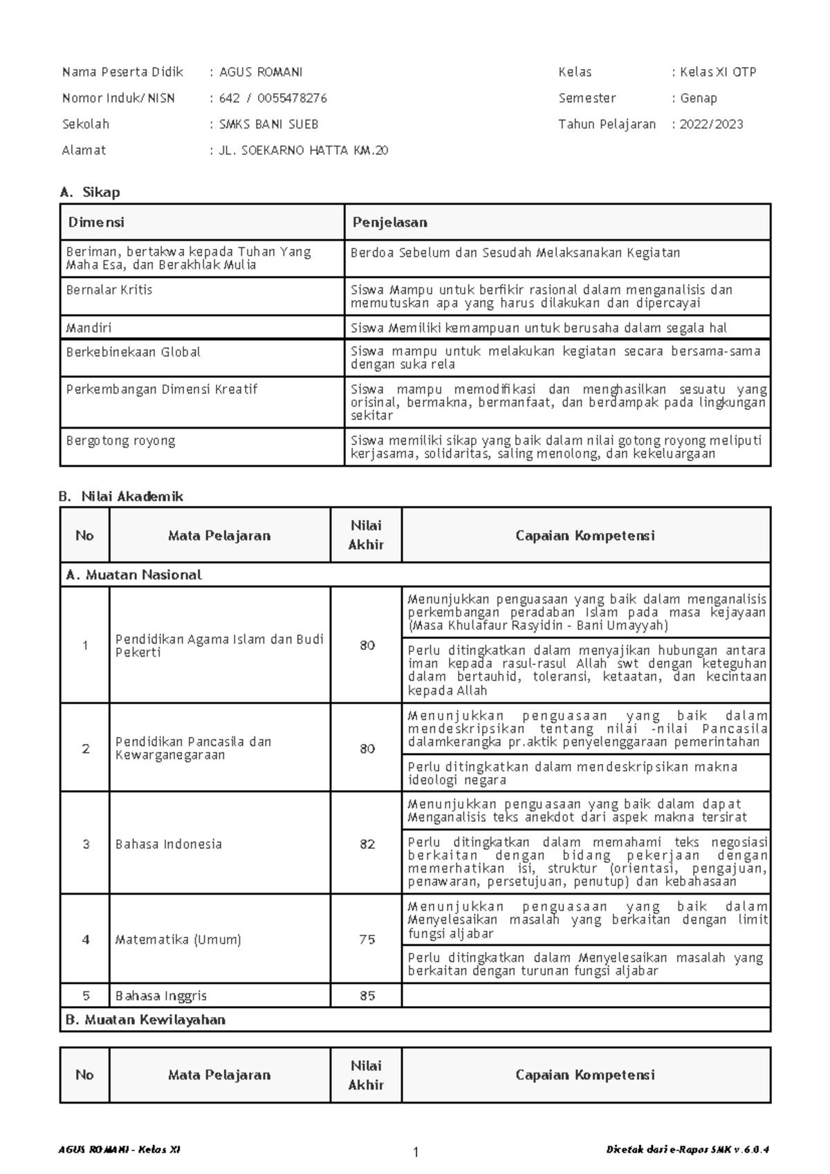 Rapor AGUS Romani - Kelas XI OTP - AGUS ROMANI - Kelas XI 1 Dicetak ...