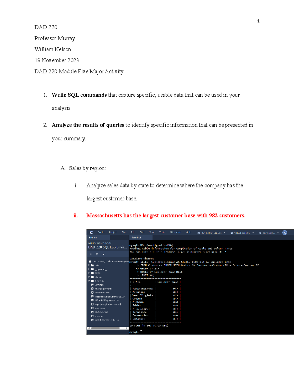 DAD 220 Module Five Major Activity Nelson - DAD 220 Professor Murray William Nelson 18 November ...