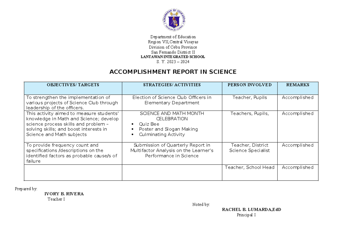 Science accomplishment report 2023-2024 - Department of Education ...