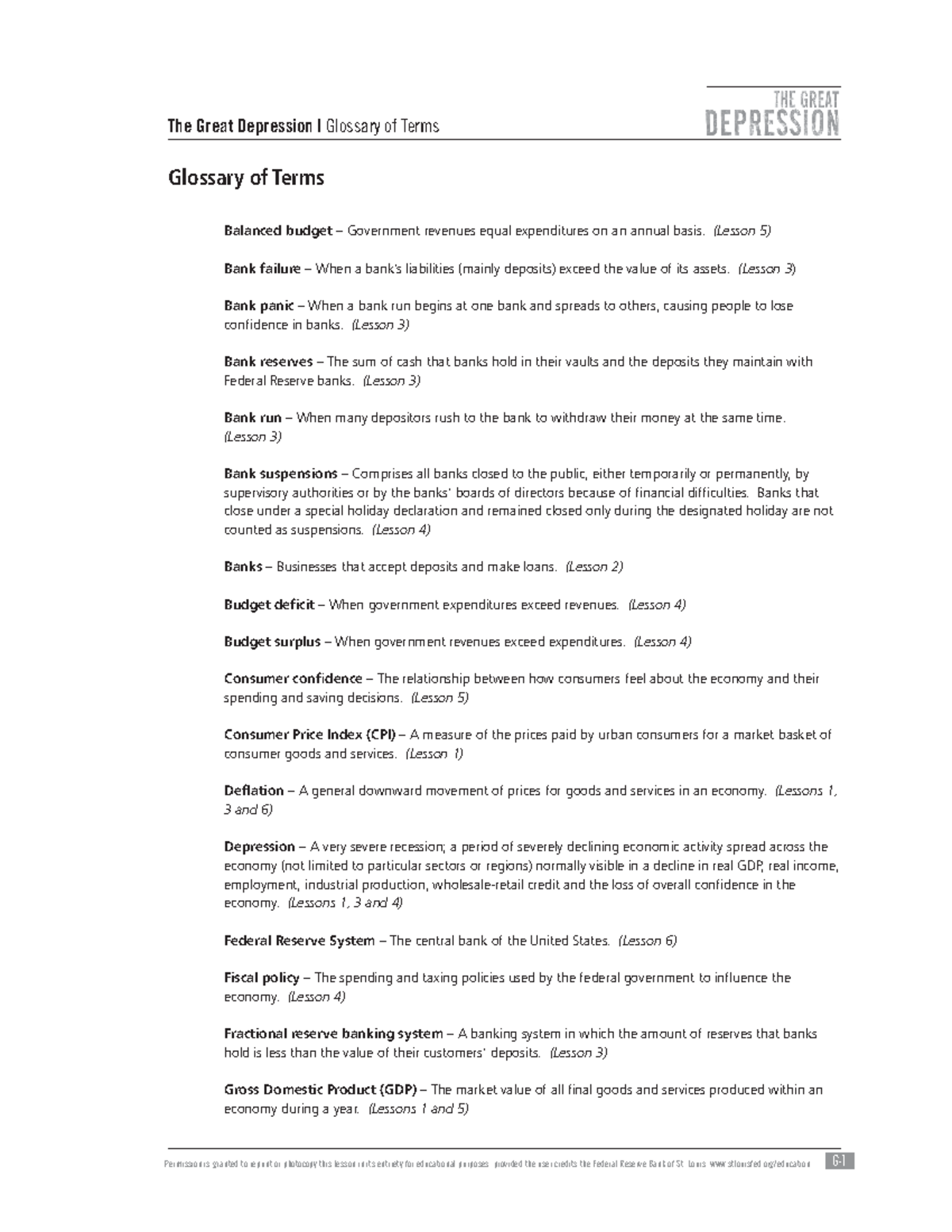 The great depression glossary - Permission is granted to reprint or ...