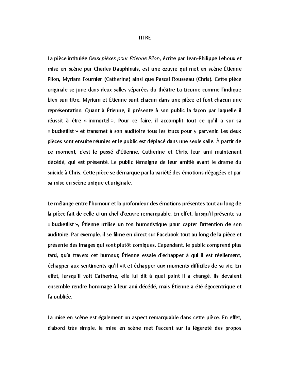 Critique journalistique - TITRE La pièce intitulée Deux pièces pour ...