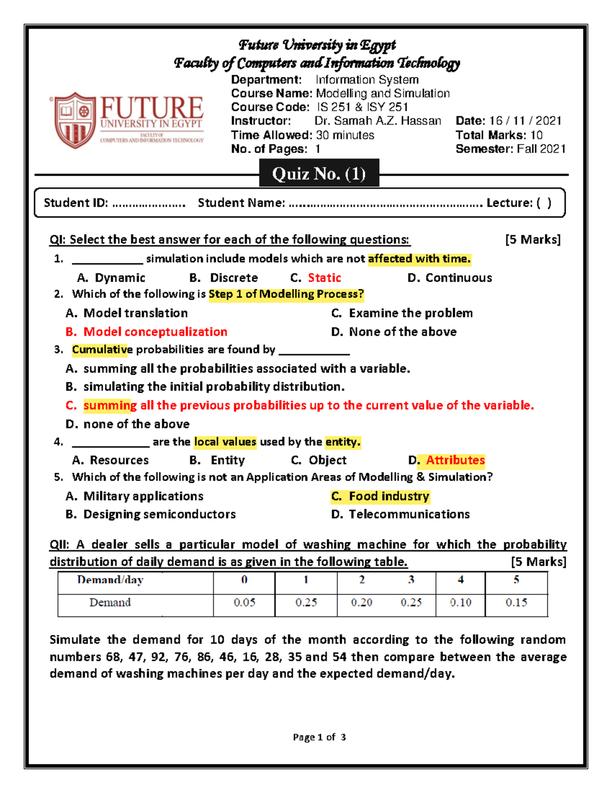 Quiz No.(1) - 2- With answer - Future University in Egypt Faculty of Computers and Information ...