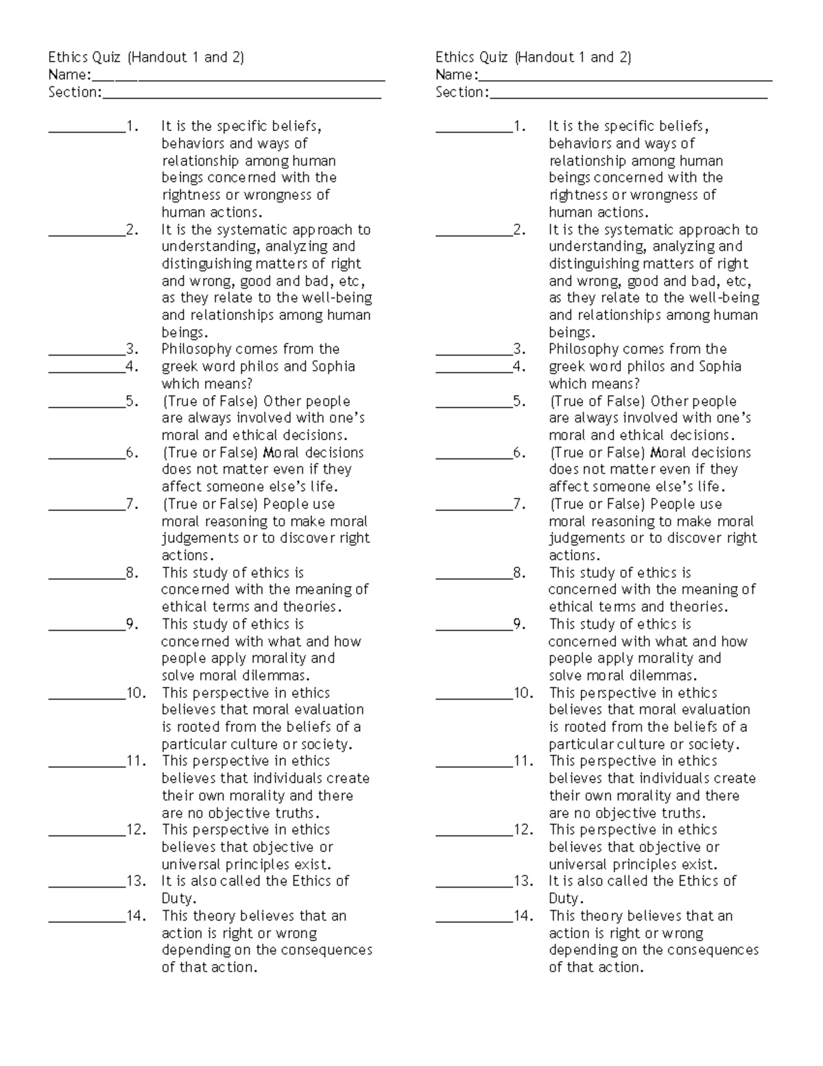 Quiz 1 and 2 - Quiz on Understanding the Self - Ethics Quiz (Handout 1 ...