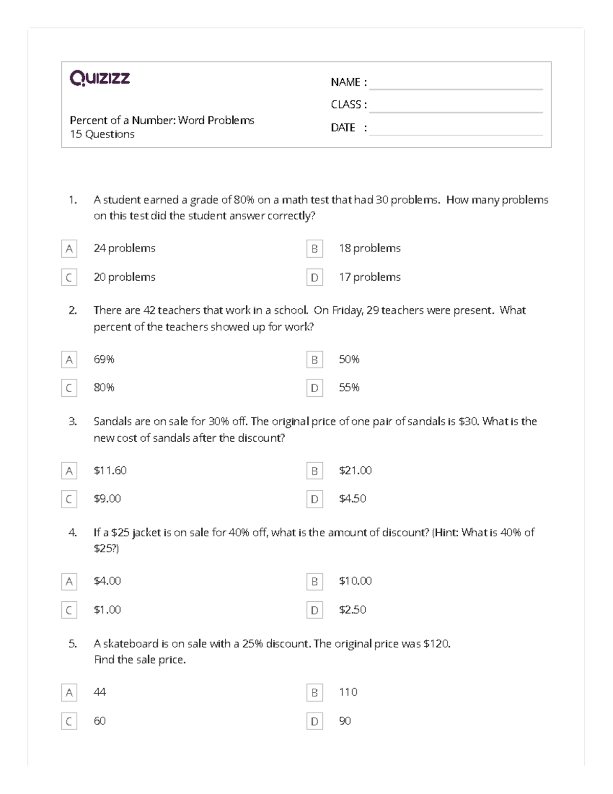 Percent of a Number Word Problems - How many problems on this test did ...
