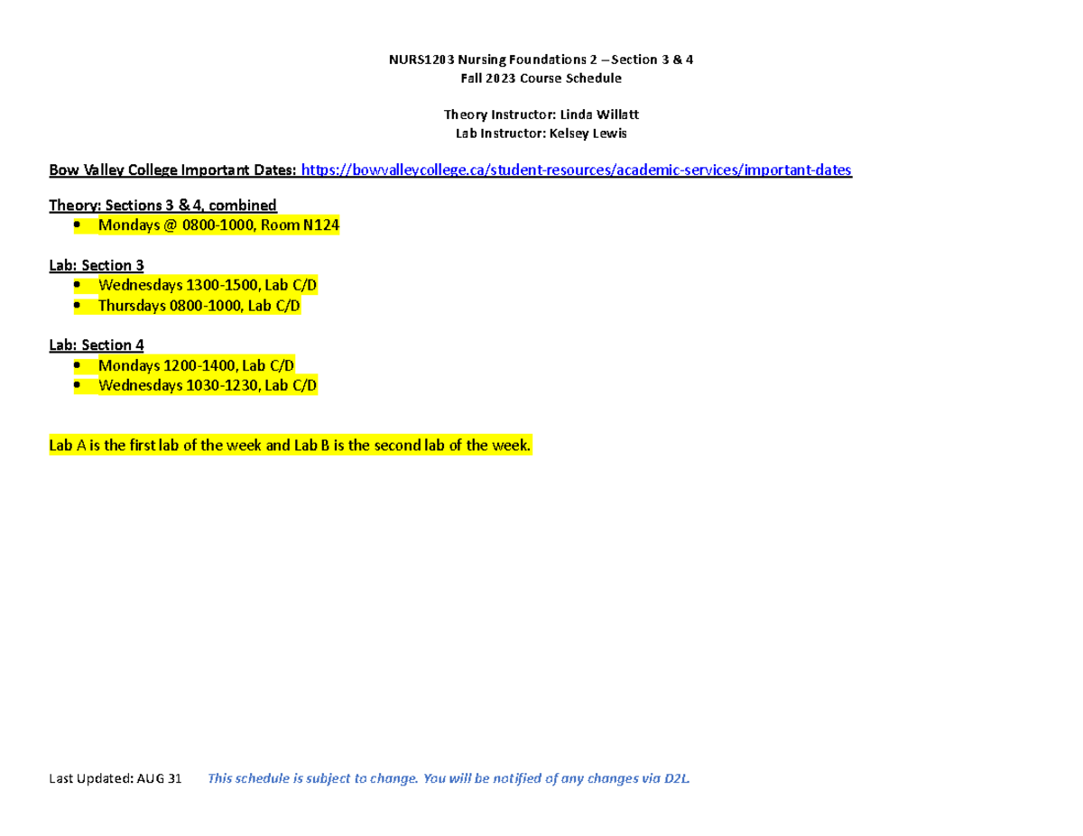 S3 4 NF2 Fall23 Schedule with Lab A and Lab B - Fall 2023 Course Schedule Theory Instructor ...