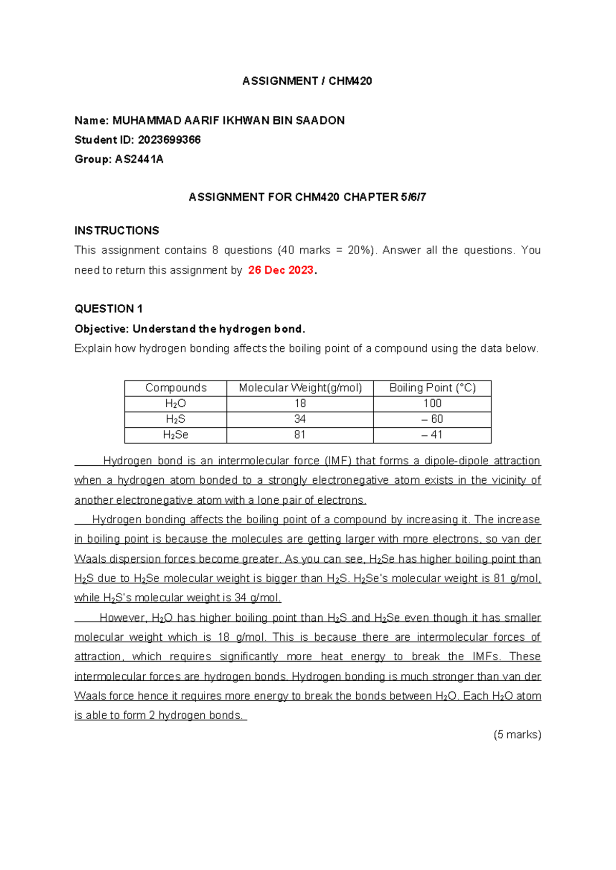 Assignment 1 C5-C7 - ASSIGNMENT / CHM Name: MUHAMMAD AARIF IKHWAN BIN SAADON Student ID ...