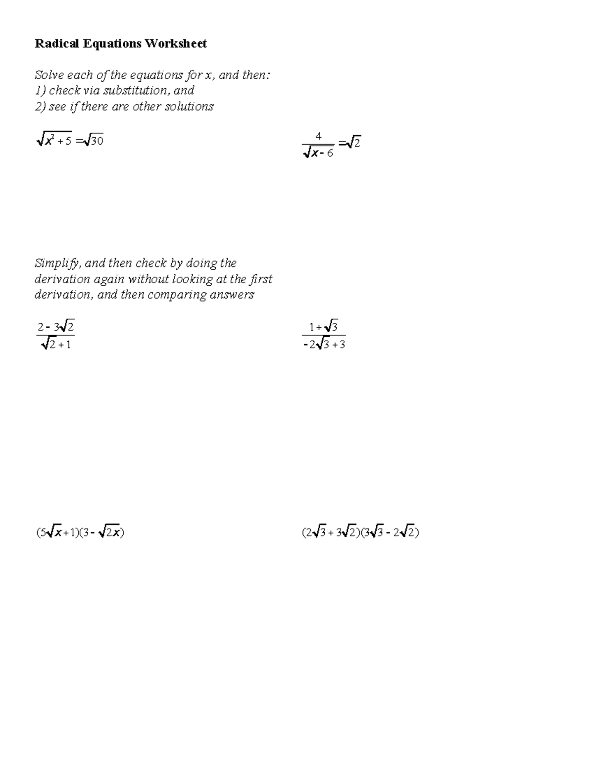 Radical Equations Worksheet - morning - Radical Equations Worksheet ...